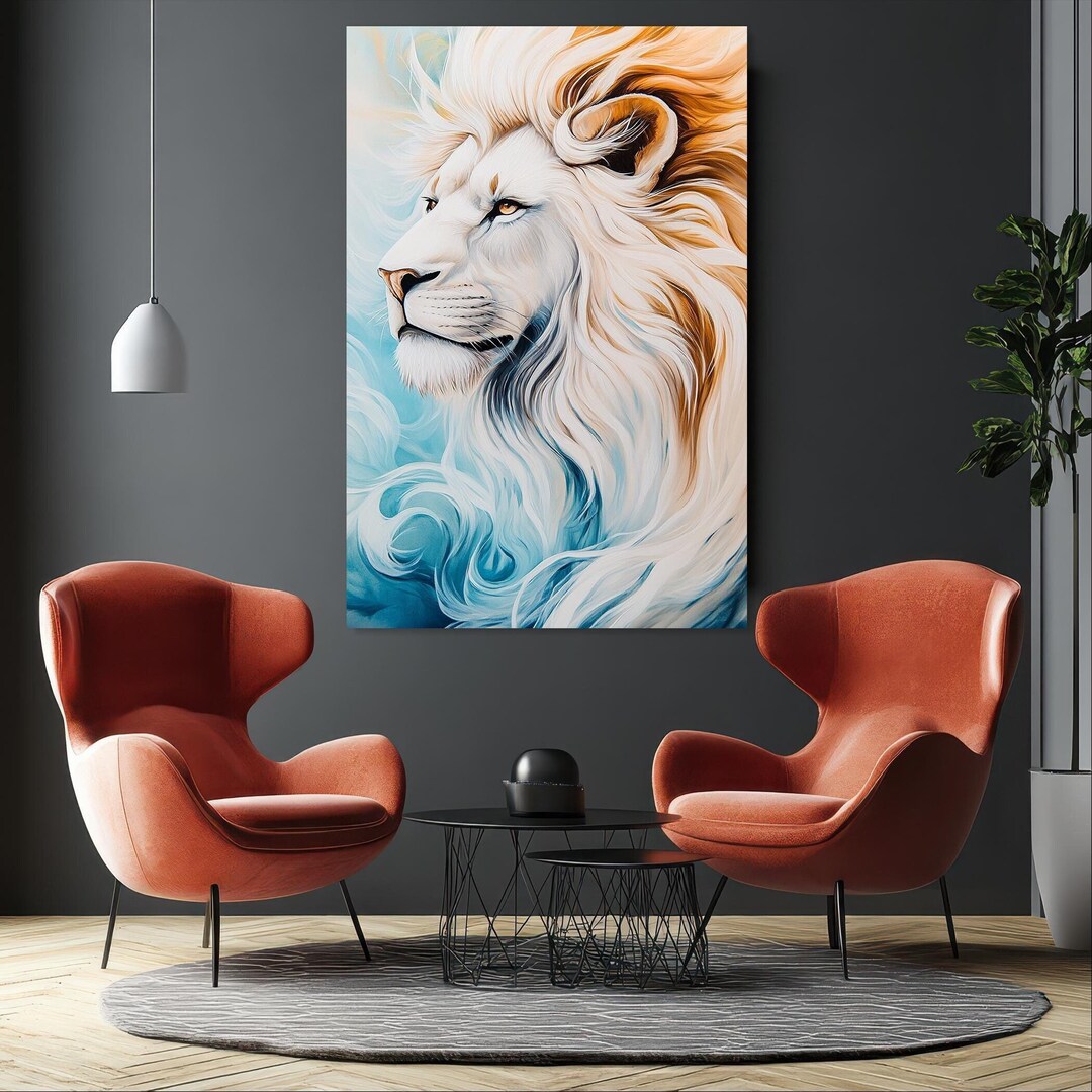 White Lion Canvas Art, Regal Profile in Blue Swirls - Etsy