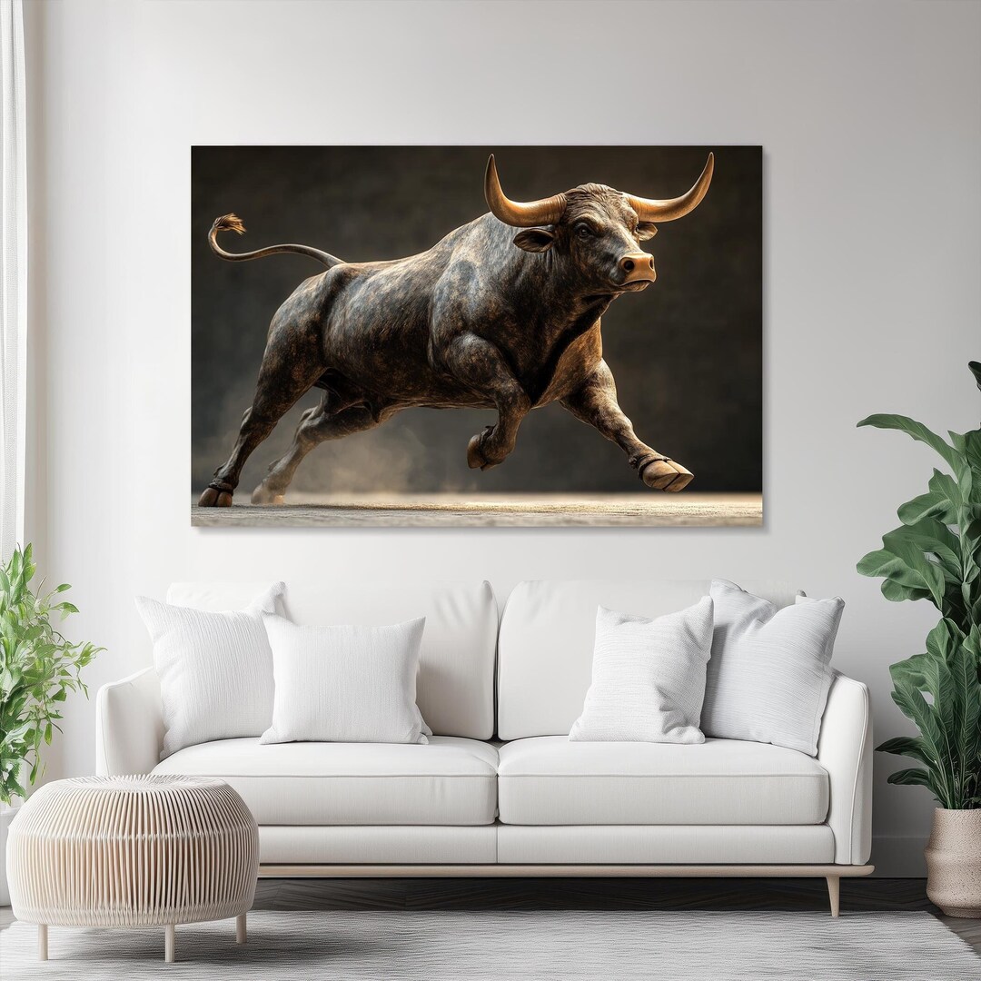 Bull Canvas Wall Art, Charging Bull in Motion, A Dynamic Bull Portrait ...