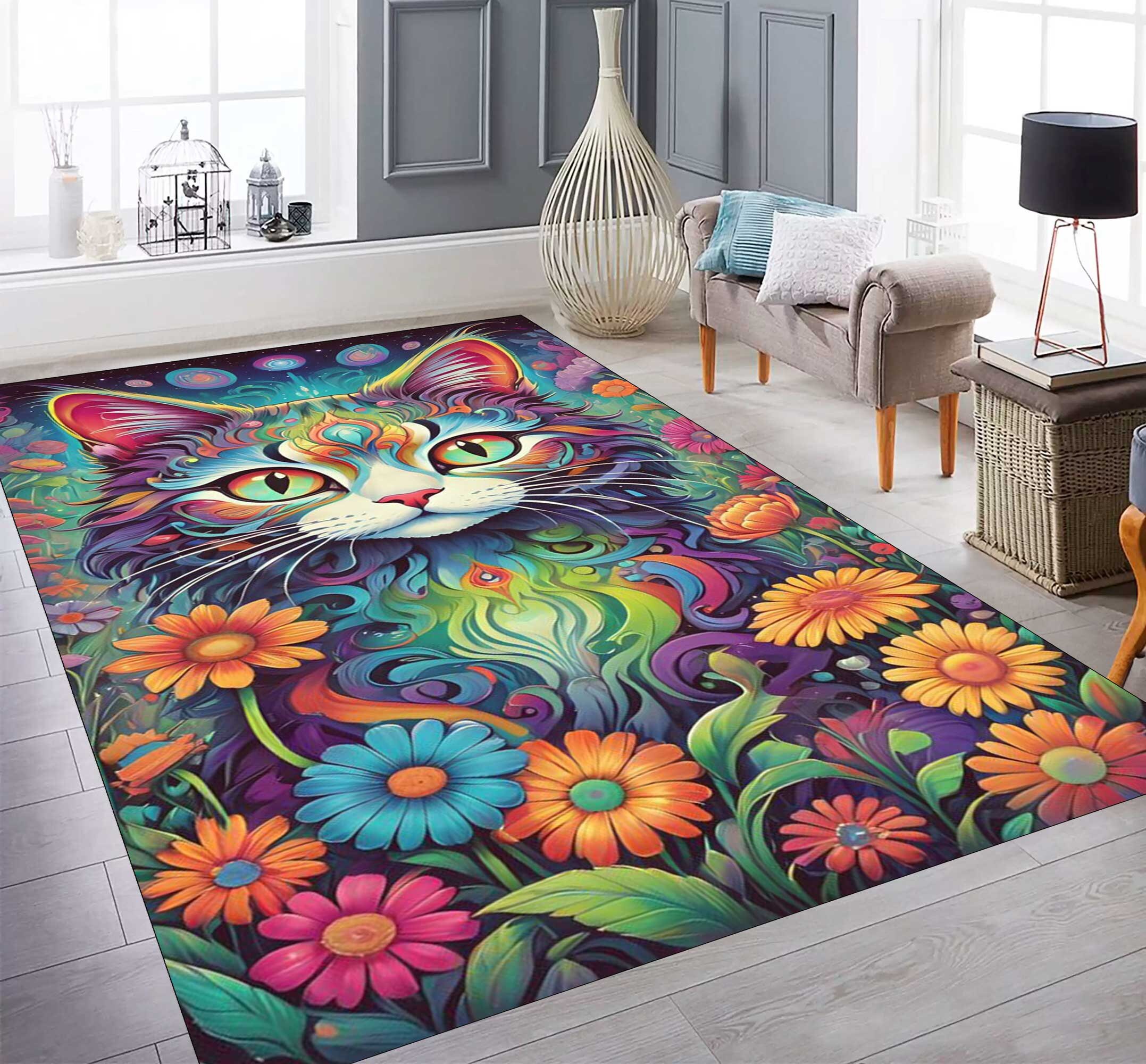 Cat Mandala Rug: Colorful Floral Pattern, Decorative Carpet - Etsy