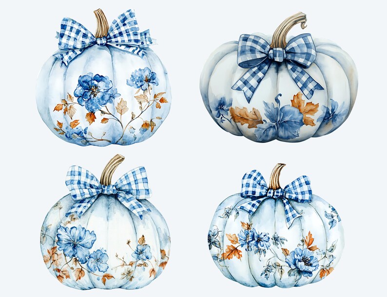 Watercolor Blue Floral Pumpkin PNG, Fall Sublimation Pumpkin, Fall ...