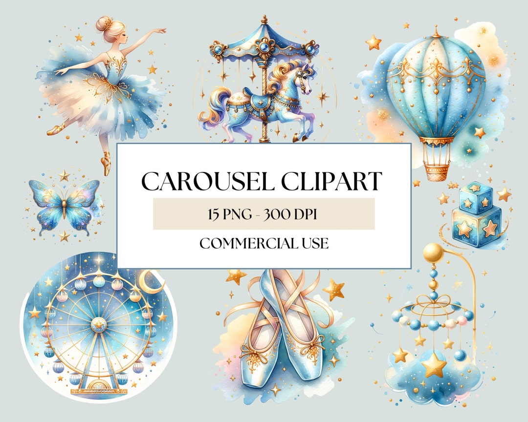 Watercolor Blue Carousel Clipart, Whimsical Ballerina Carousel Magical ...