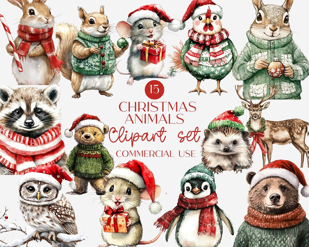 Christmas Cute Animal Clipart Set, Christmas PNG Bundle, Vintage ...