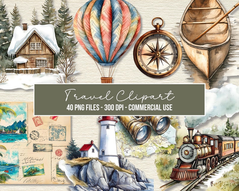Watercolor Travel Clipart, Plane Ticket, Watercolor Vacation Clipart ...