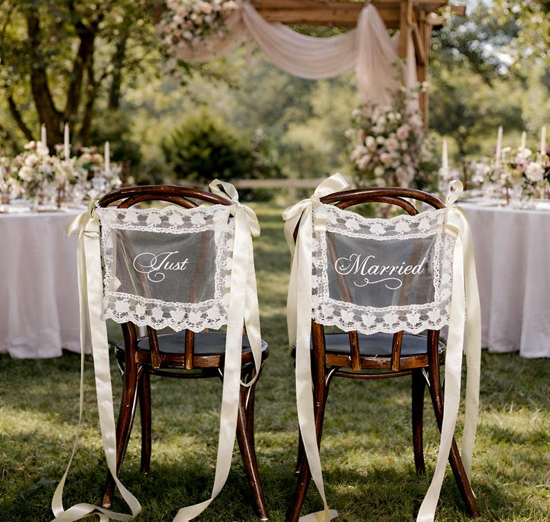 Personalized Lace Chair Signs, Just Married Chair Sign for Bride and ...