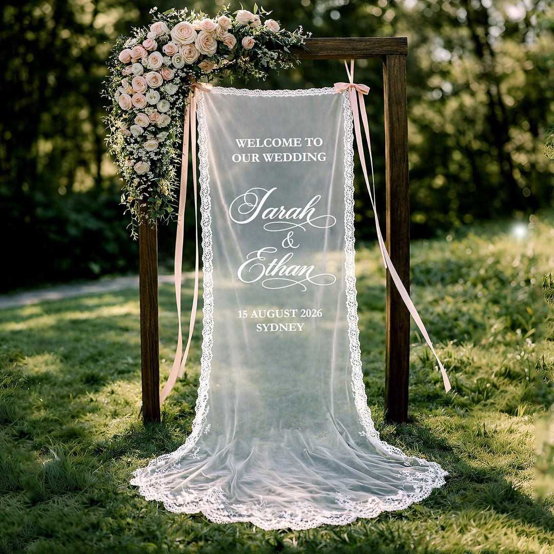 Round Bottom Lace Welcome Sign, Sheer Tulle Wedding Signage, Ceremony ...