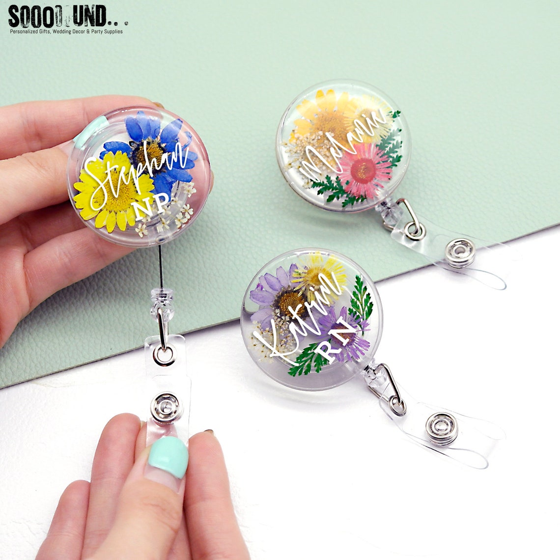 Custom Name NP Badge Reel, NP Student Personalized Name Real Flower ...