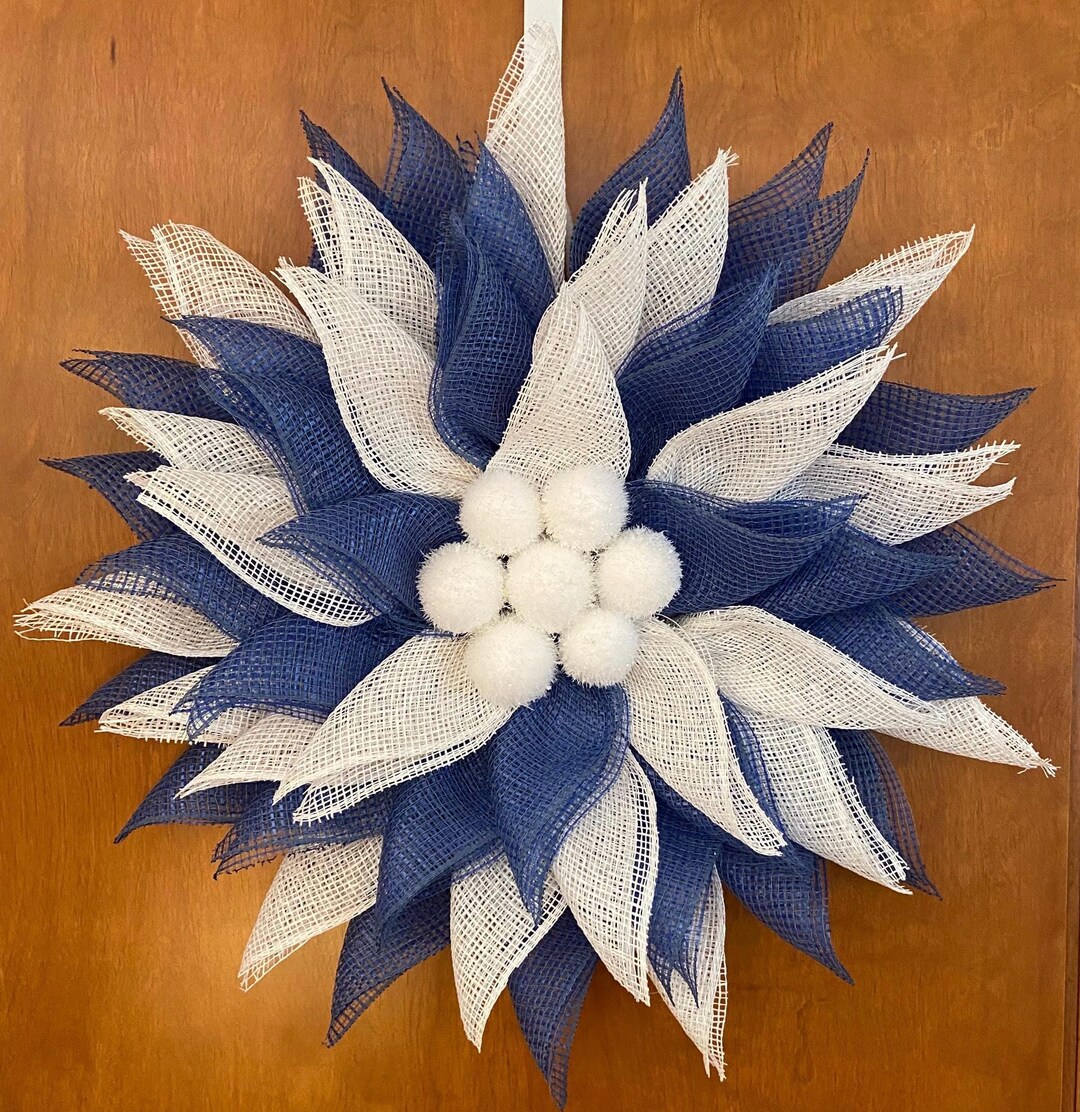 26 Diameter Poly Burlap Deco Mesh Blue and White Flower Wreath With a ...
