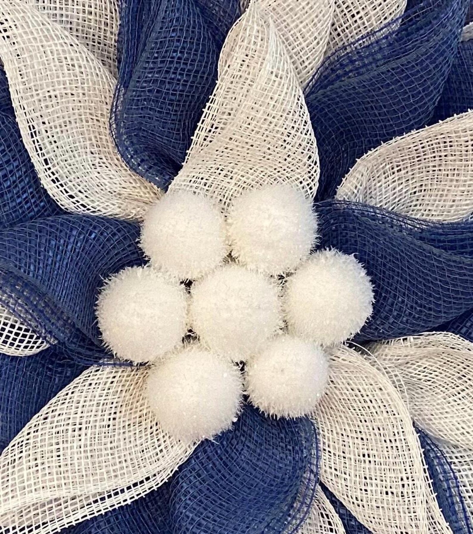 26 Diameter Poly Burlap Deco Mesh Blue and White Flower Wreath With a ...