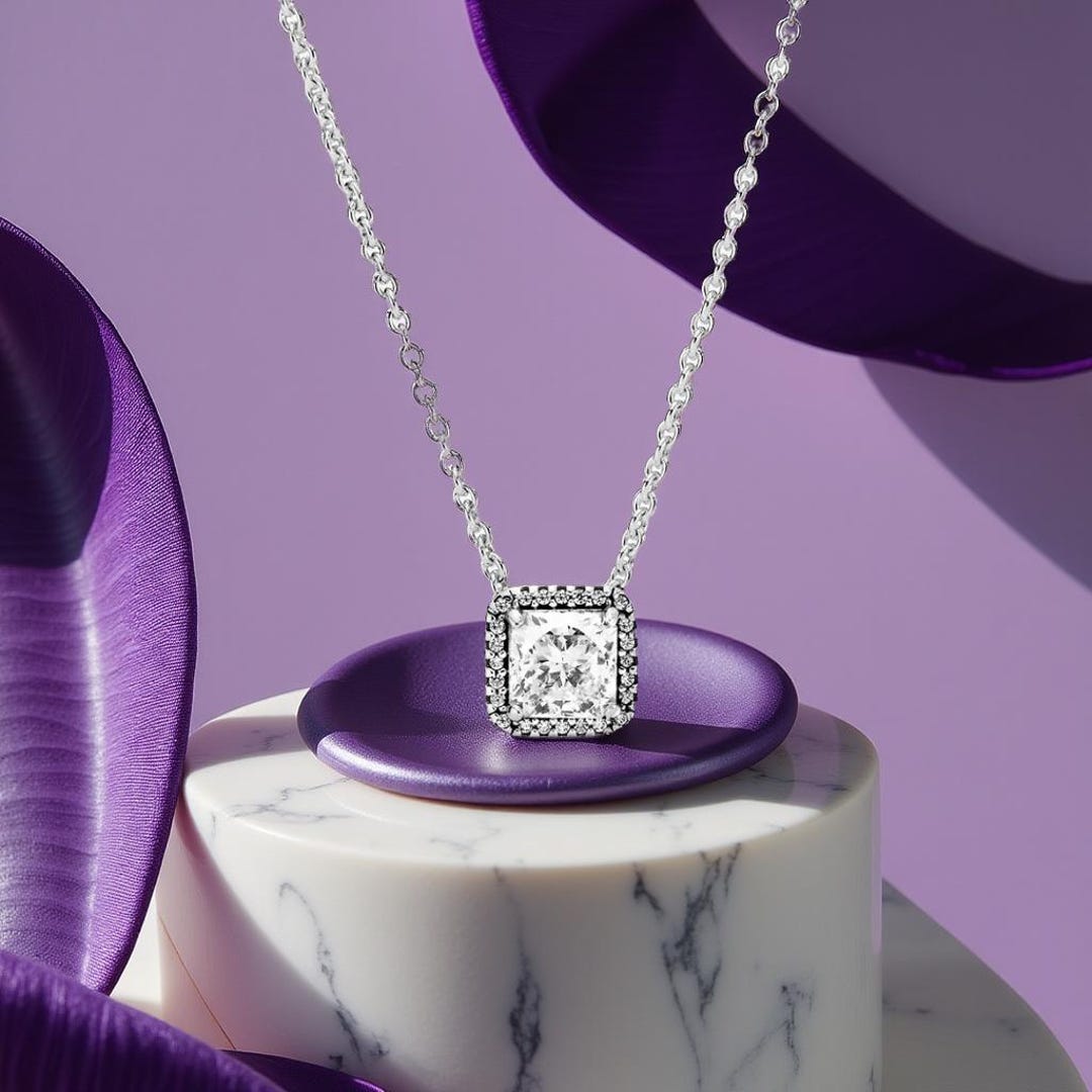 Silver Square Halo Necklace: Cubic Zirconia Pendant, 45cm Chain - Etsy