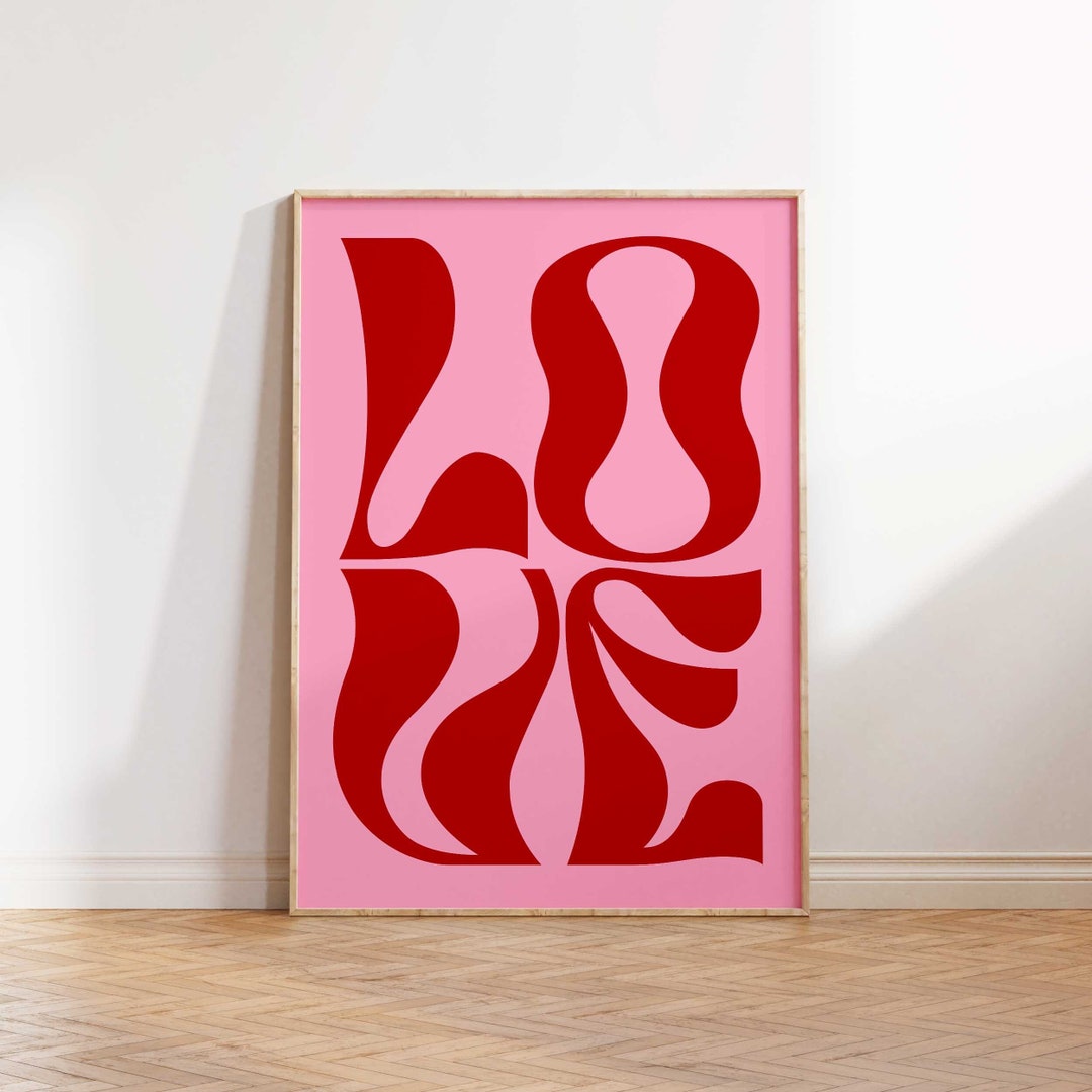 Retro Love Printable Wall Art, Retro Pink and Red Print, Dorm Room ...