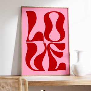 Retro Love Printable Wall Art, Retro Pink and Red Print, Dorm Room ...