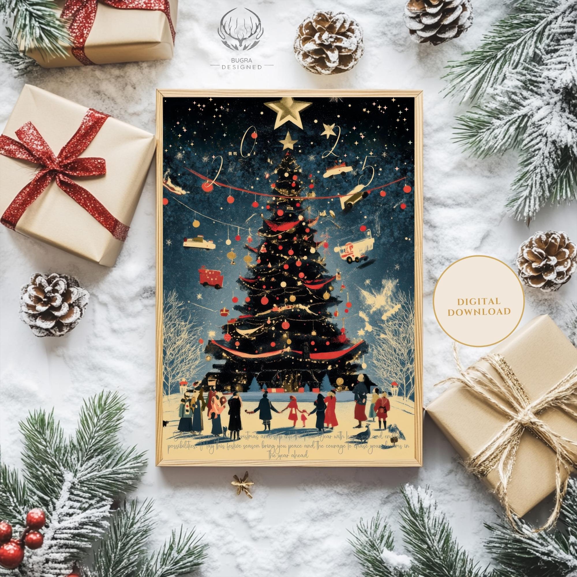 Merry Christmas Tree & New Year 2025 Printable Wall Art, Christmas Art ...