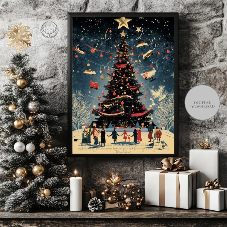 Merry Christmas Tree & New Year 2025 Printable Wall Art, Christmas Art ...
