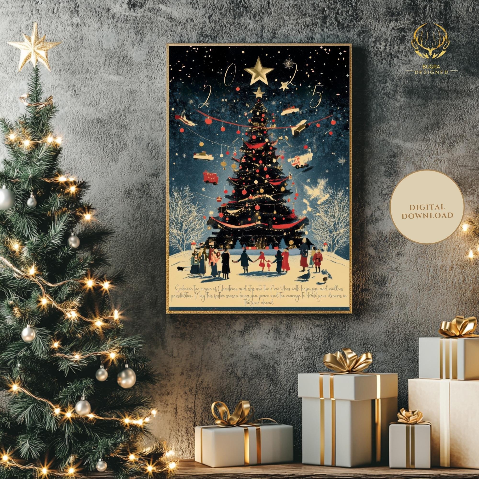 Merry Christmas Tree & New Year 2025 Printable Wall Art, Christmas Art ...
