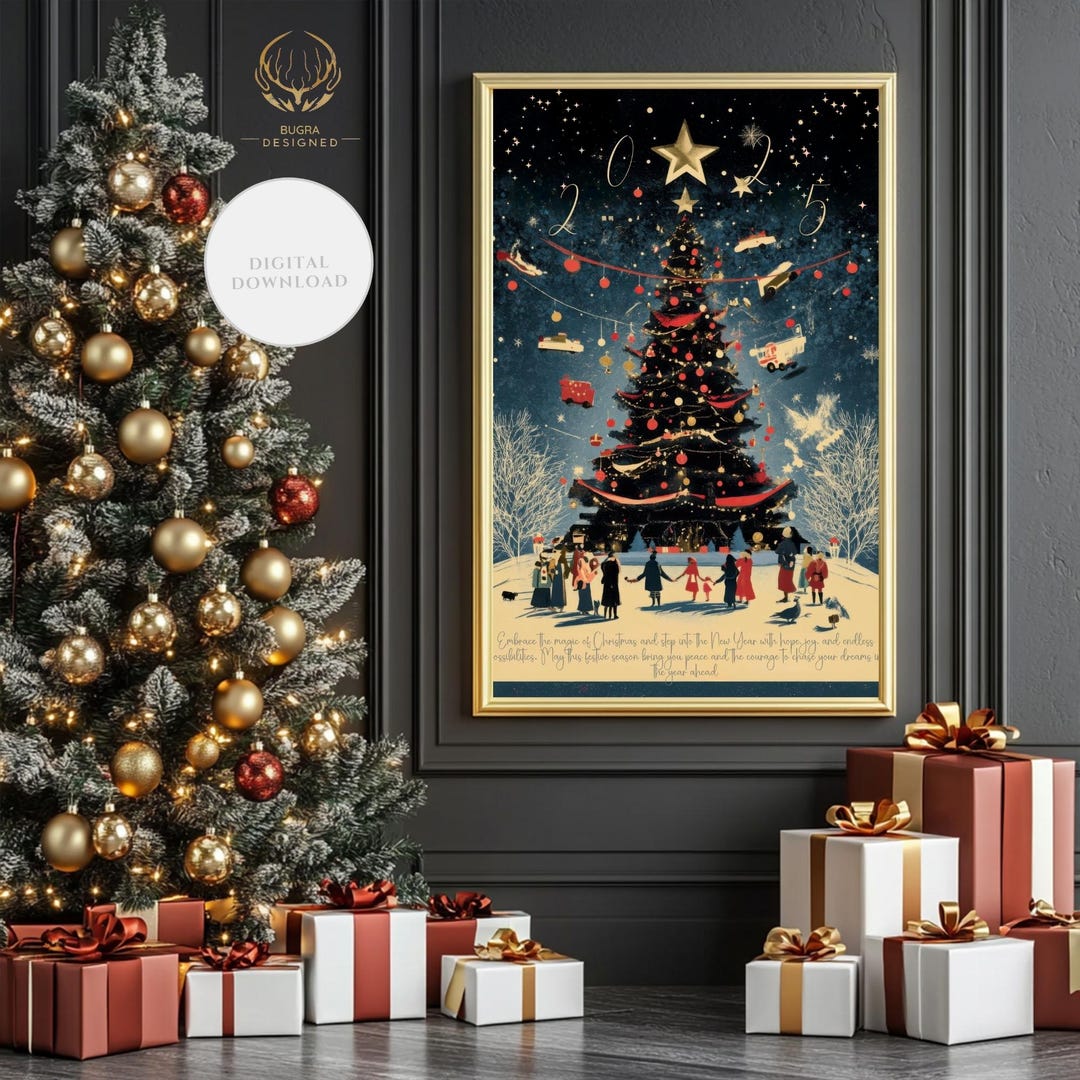 Merry Christmas Tree & New Year 2025 Printable Wall Art, Christmas Art ...