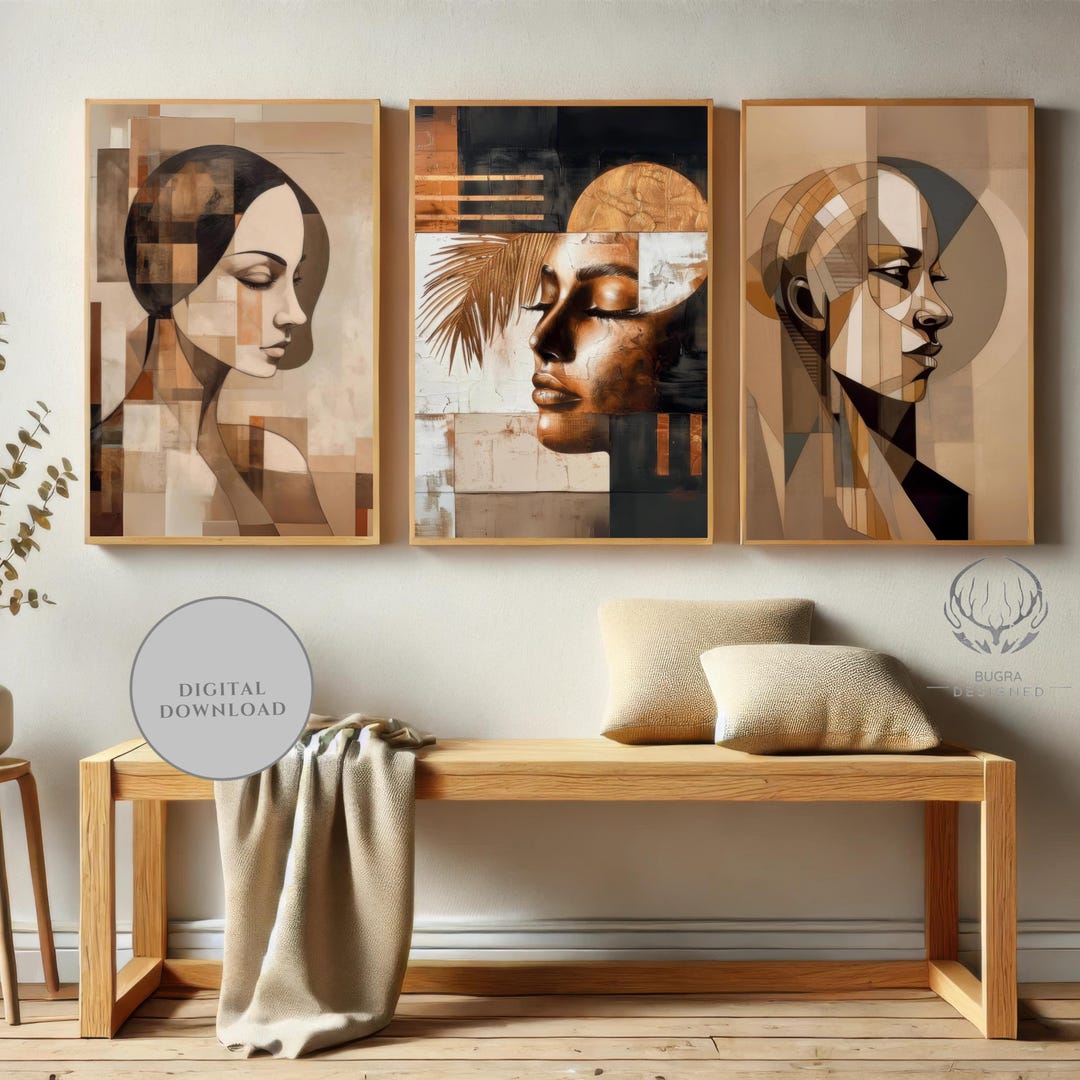 Mid Century Modern Female Portrait Art Set: Geometric Minimalist Prints ...