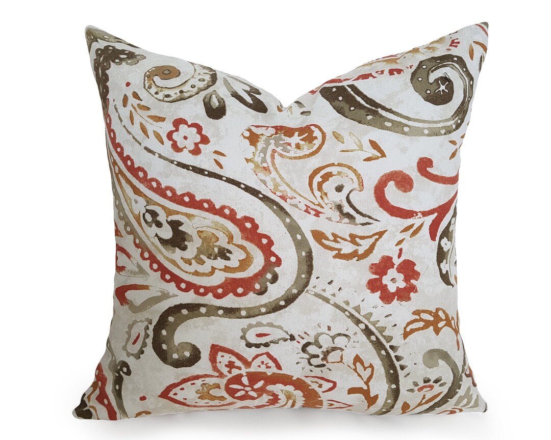 Earthy Boho Pillow Covers Orange Green Cream Paisley Pillow - Etsy