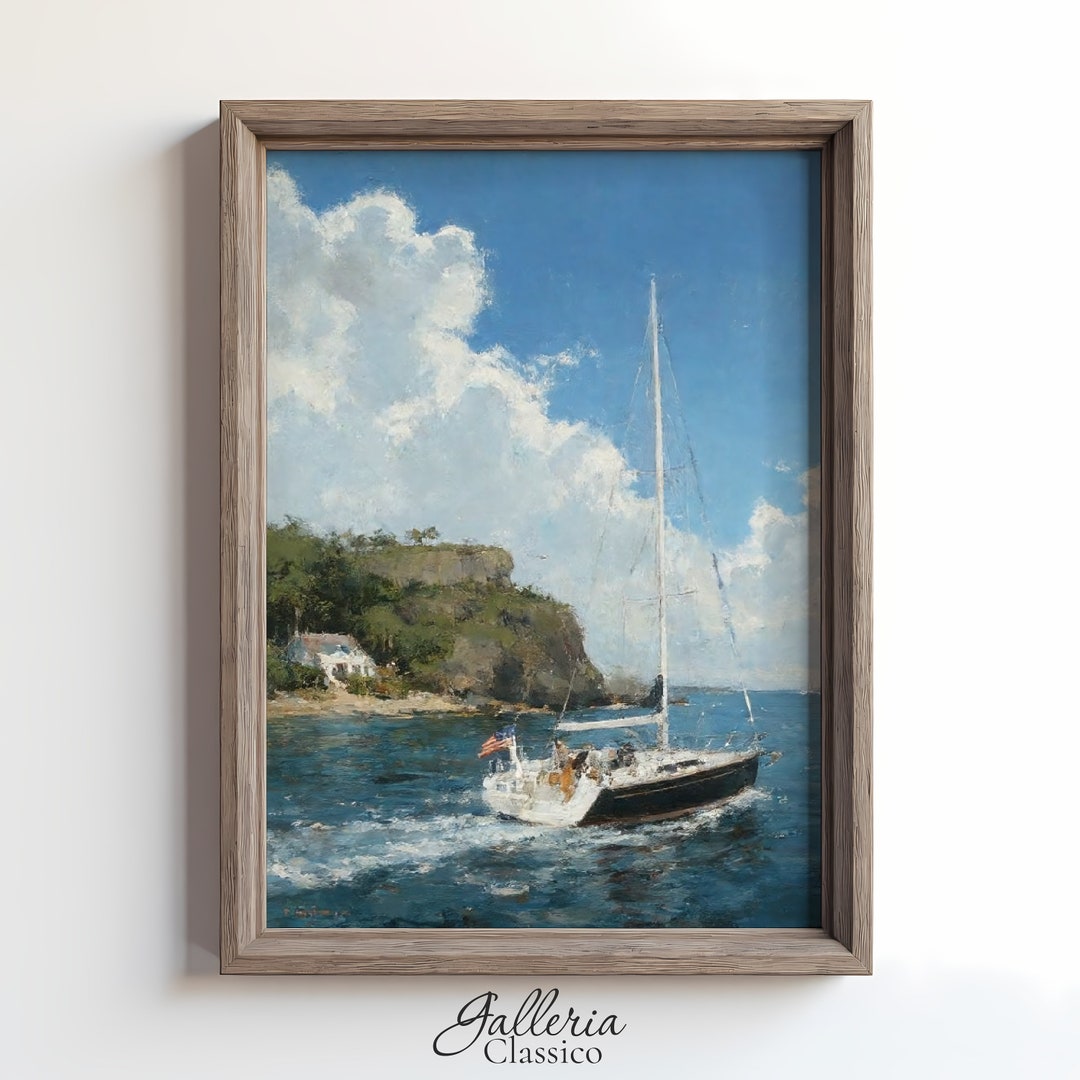 Coastal Yacht Print | Sailboat on Calm Waters With American Flag ...