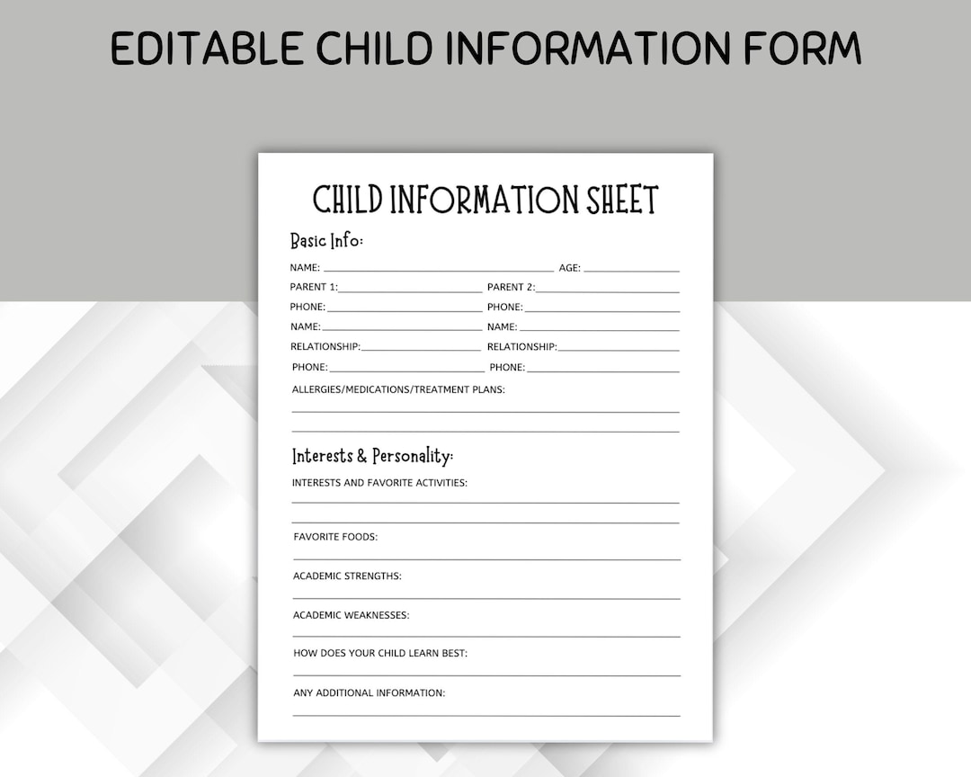 Editable Child Information Form, Childcare Info Sheet, New Babysitter ...