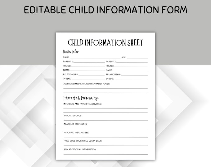 Printable Child Information Sheet Template Planner Daycare All About Me ...