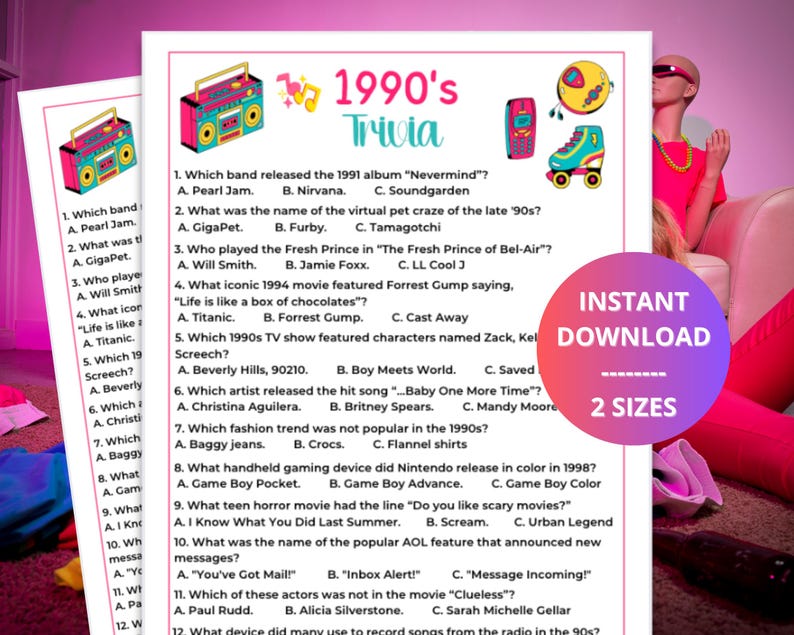 1990s Trivia Game Printable, 90s Party Quiz,fun Retro Game for Adults ...
