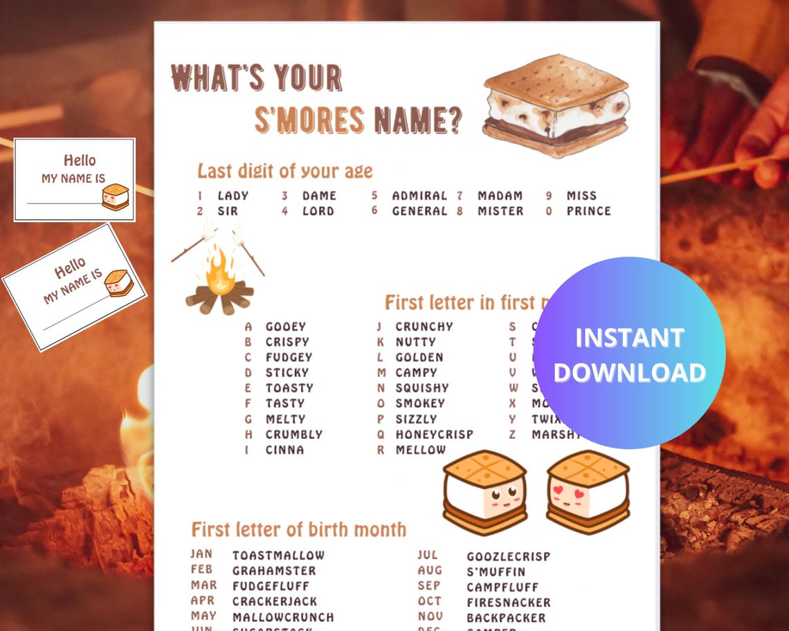 What’s Your S’mores Name Game Printable, Campfire Party Activity for ...