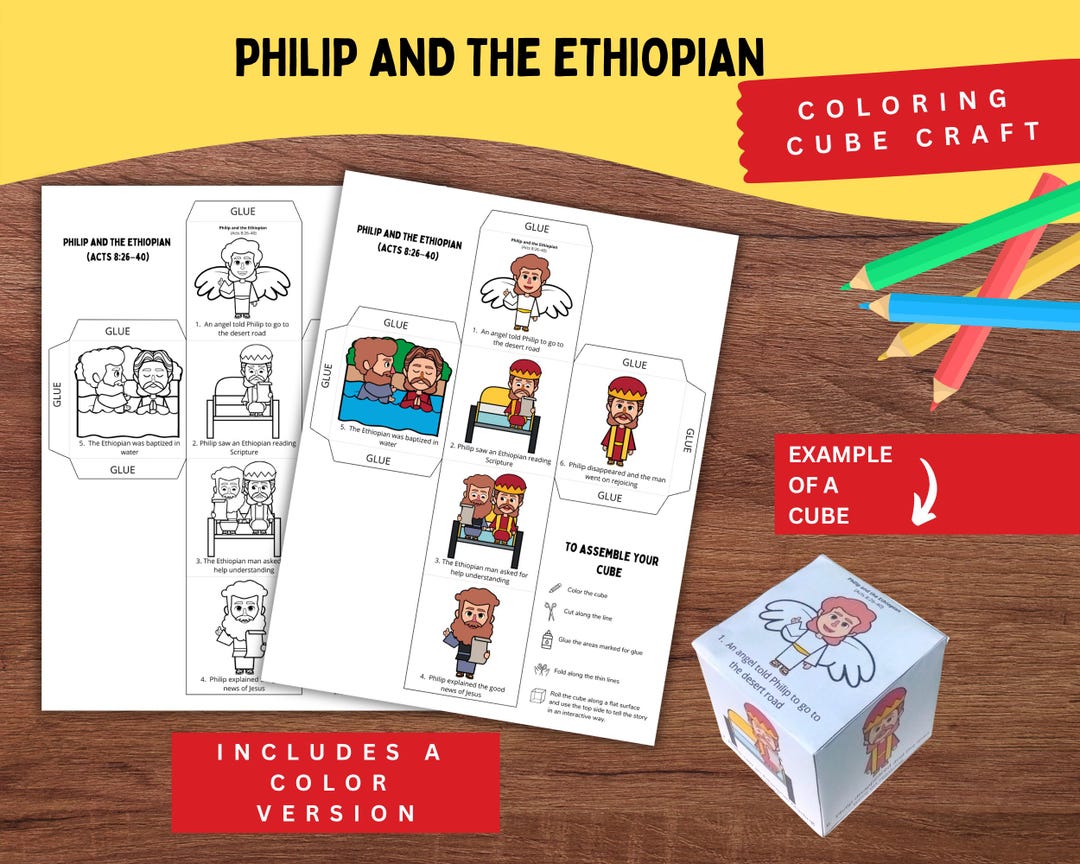 Philip and the Ethiopian Coloring Cube | Acts 8:26–40 Printable | Bible ...