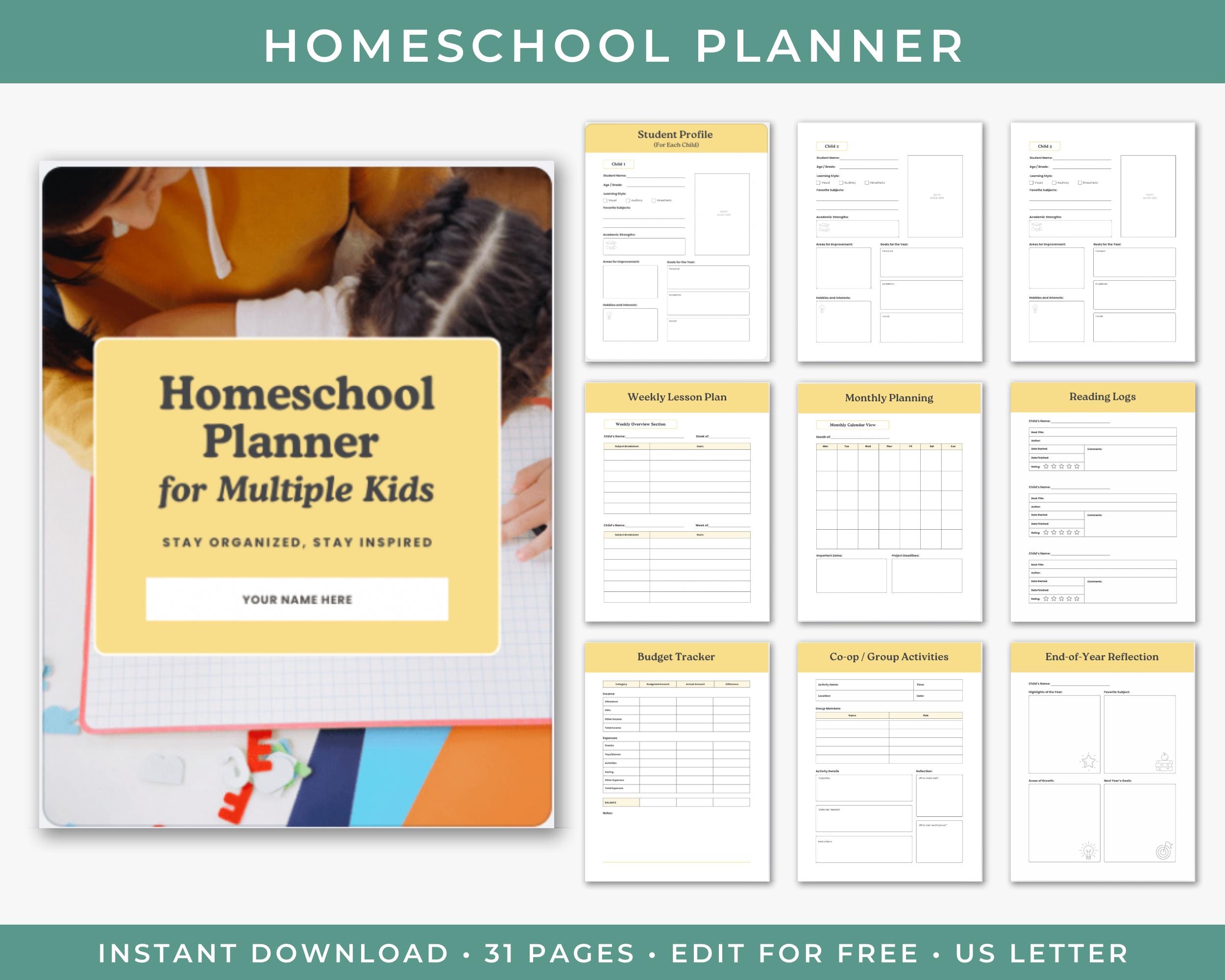Homeschool Planner for Multiple Kids, Editable in Canva, Complete ...