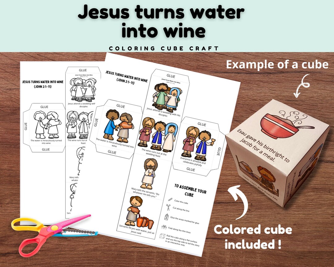 Jesus Turns Water Into Wine Bible Story Cube | John 2:1–11 | Printable ...