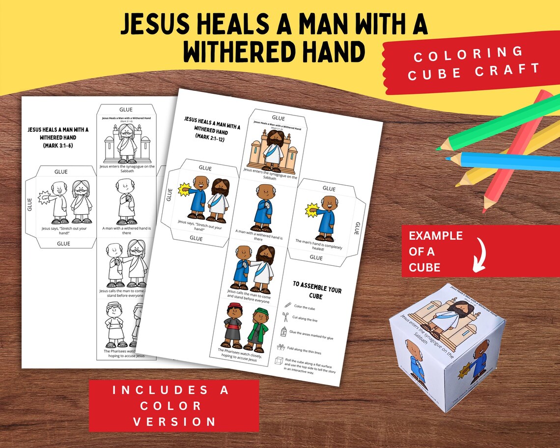 Jesus Heals a Man With a Withered Hand Coloring Cube | Mark 3:1–6 ...