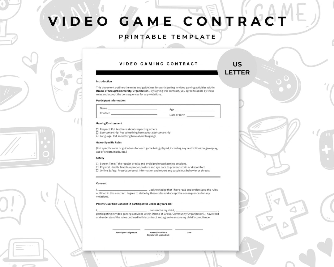 Editable Video Game Contract for Kids, Technology Contract, Video Game ...
