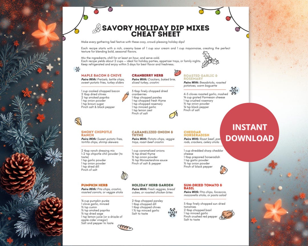 Savory Holiday Dip Mix Recipes Cheat Sheet | Easy Christmas Appetizer ...