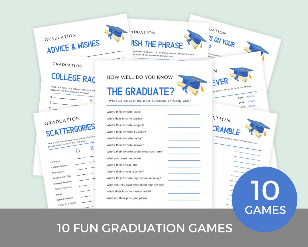 Printable Graduation Games Pack (10 Games) - Word Scramble, Trivia ...