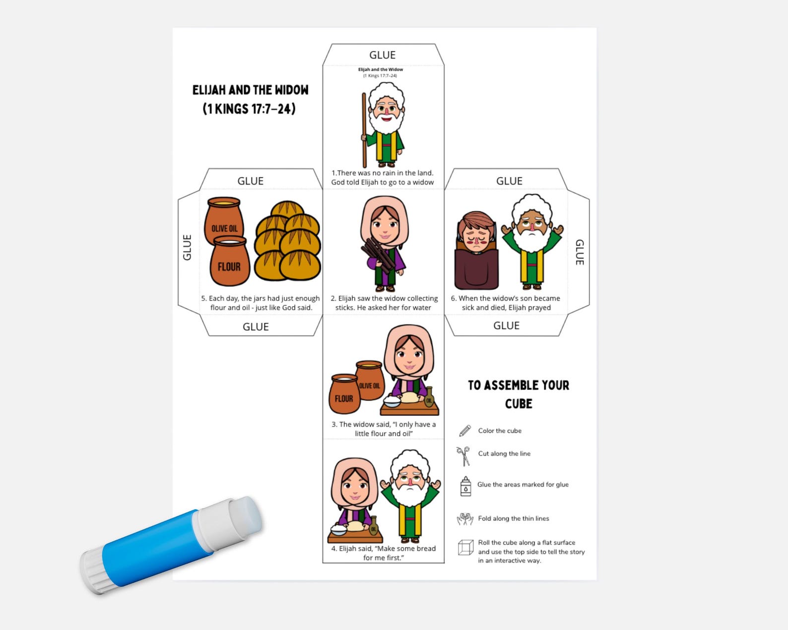 Elijah and the Widow Coloring Cube Craft, 1 Kings 17 Bible Printable ...