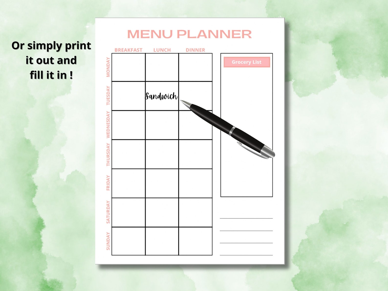 Printable Fillable Menu Planner for the Week - Meal Planning Printable ...
