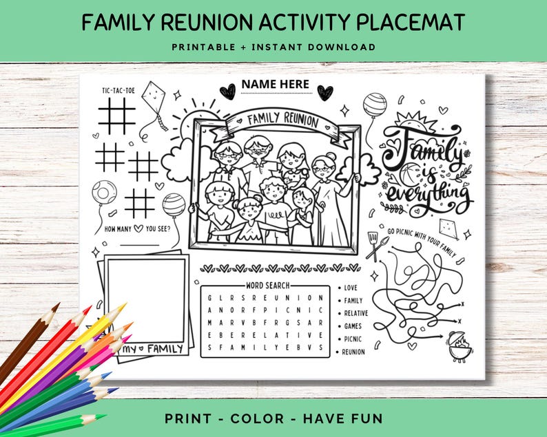 PRINTABLE Family Reunion Activity Placemat, Coloring Page Craft for ...