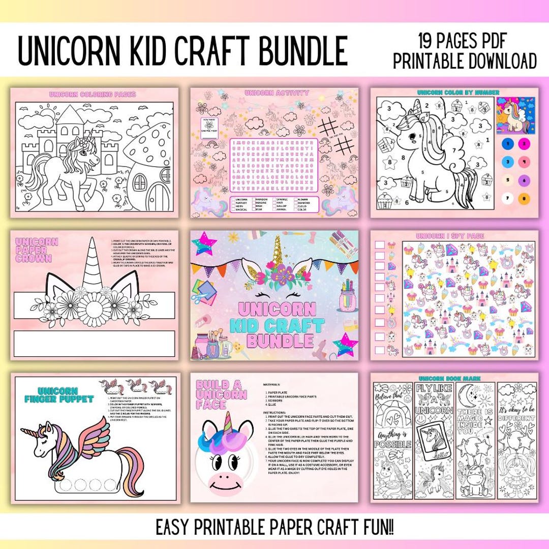 Unicorn Kid Craft Printable Bundle, Unicorn Activity Page, Unicorn ...
