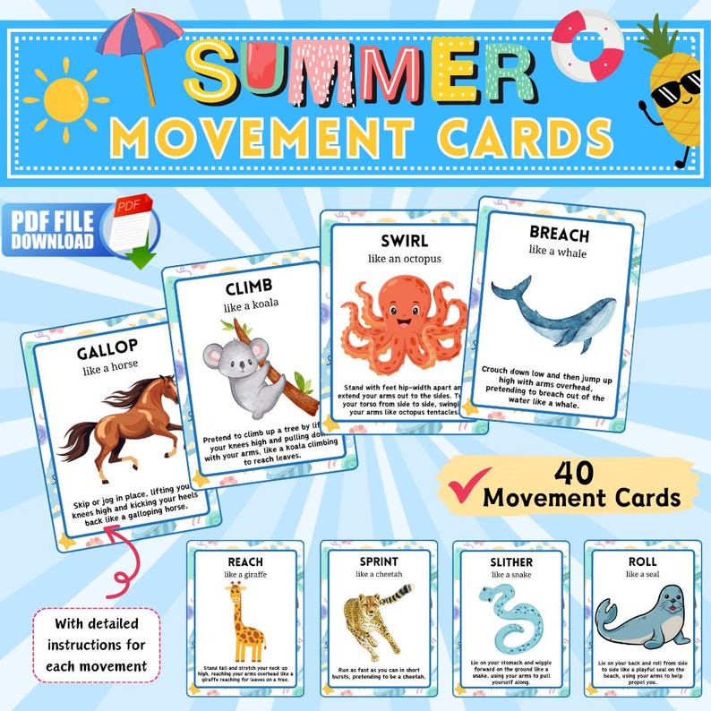 40 Summer Movement Cards | Kids Activity Game | Instant Download PDF ...