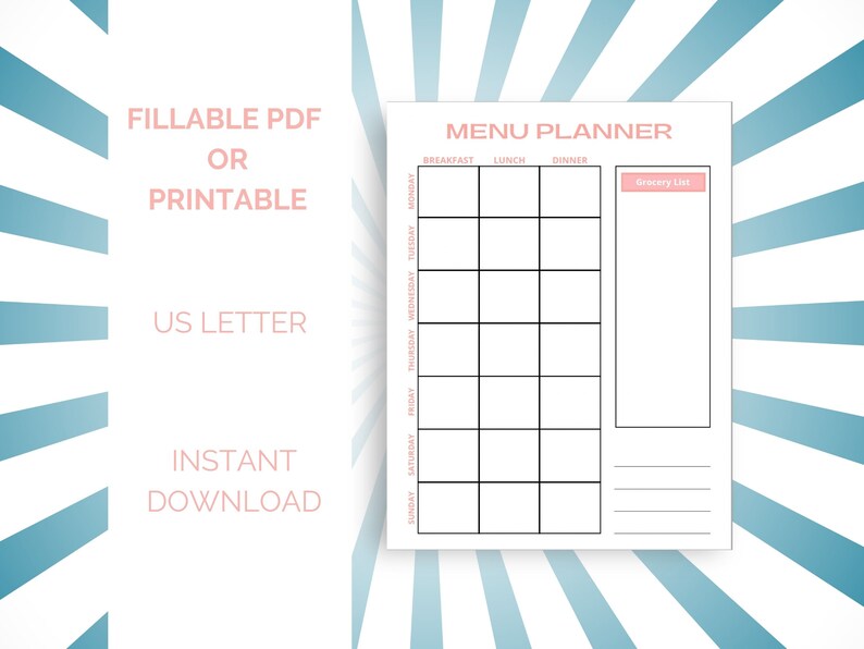 Printable Fillable Menu Planner for the Week - Meal Planning Printable ...