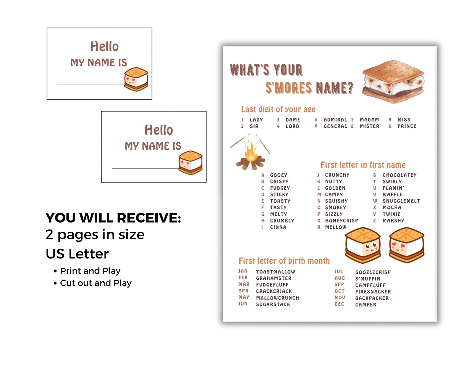 What’s Your S’mores Name Game Printable, Campfire Party Activity for ...