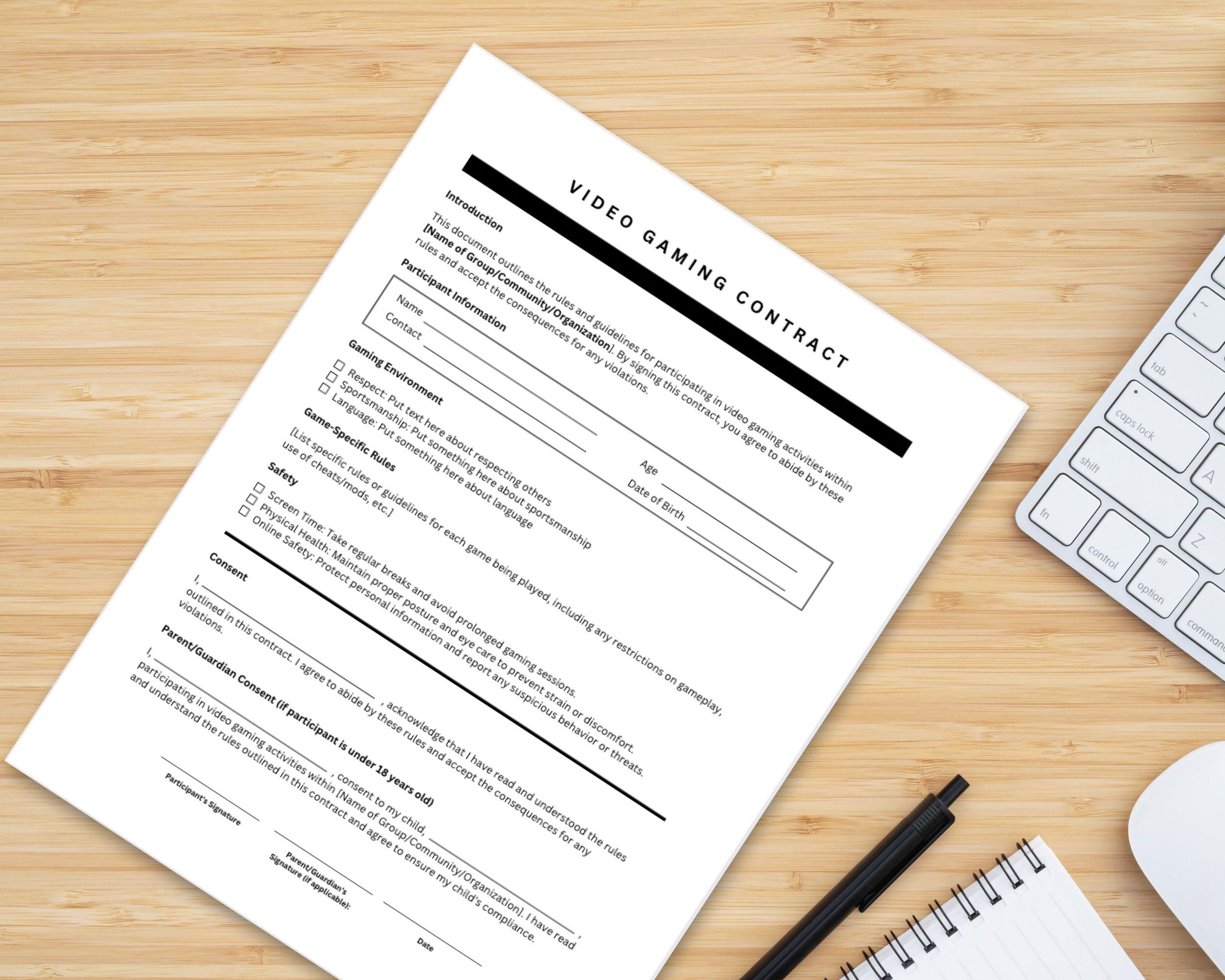 Editable Video Game Contract for Kids, Technology Contract, Video Game ...