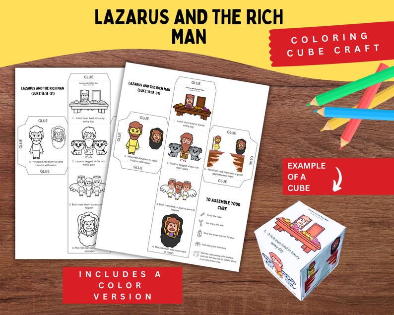 Lazarus and the Rich Man Bible Coloring Cube | Luke 16 Parable Craft ...