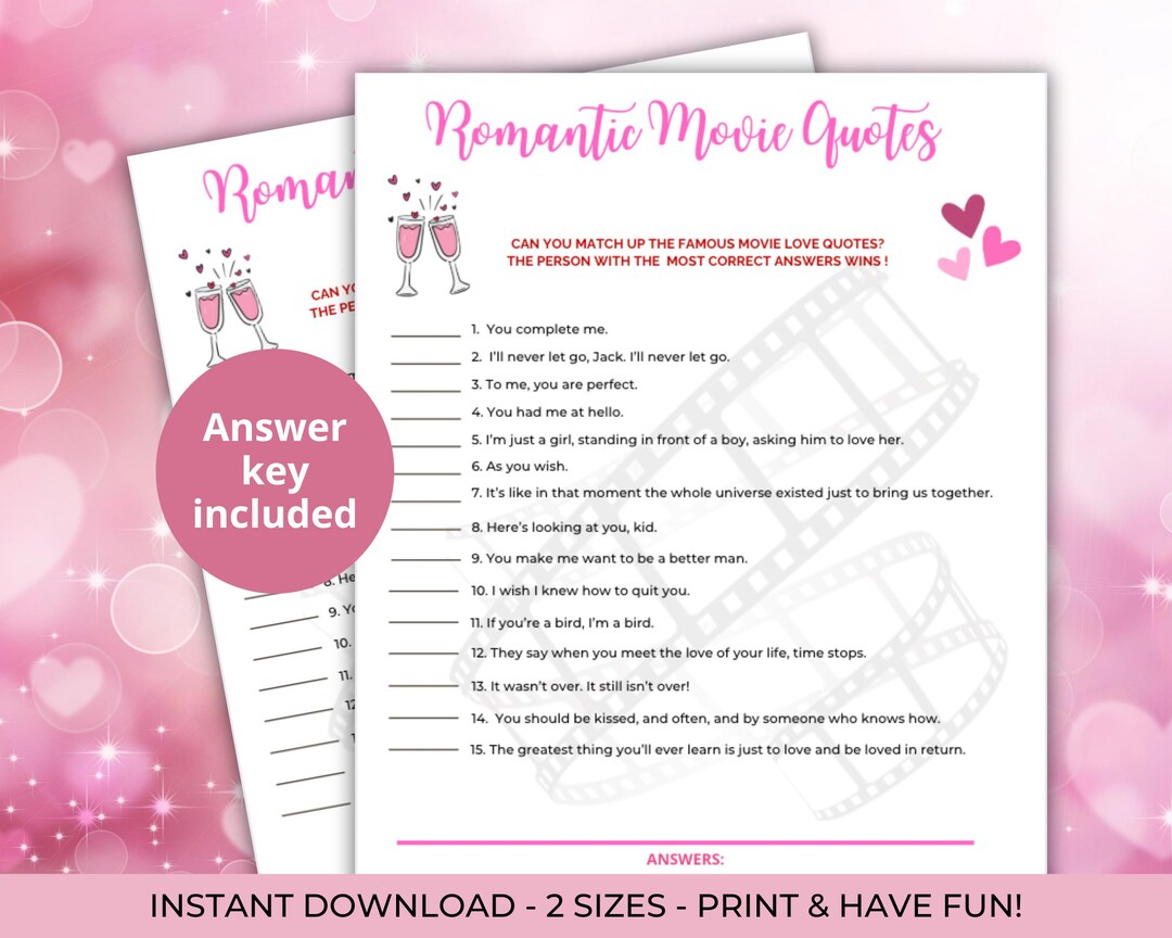 Romantic Movie Quote Trivia Game, Holiday Party Printable Game, Rom Com ...