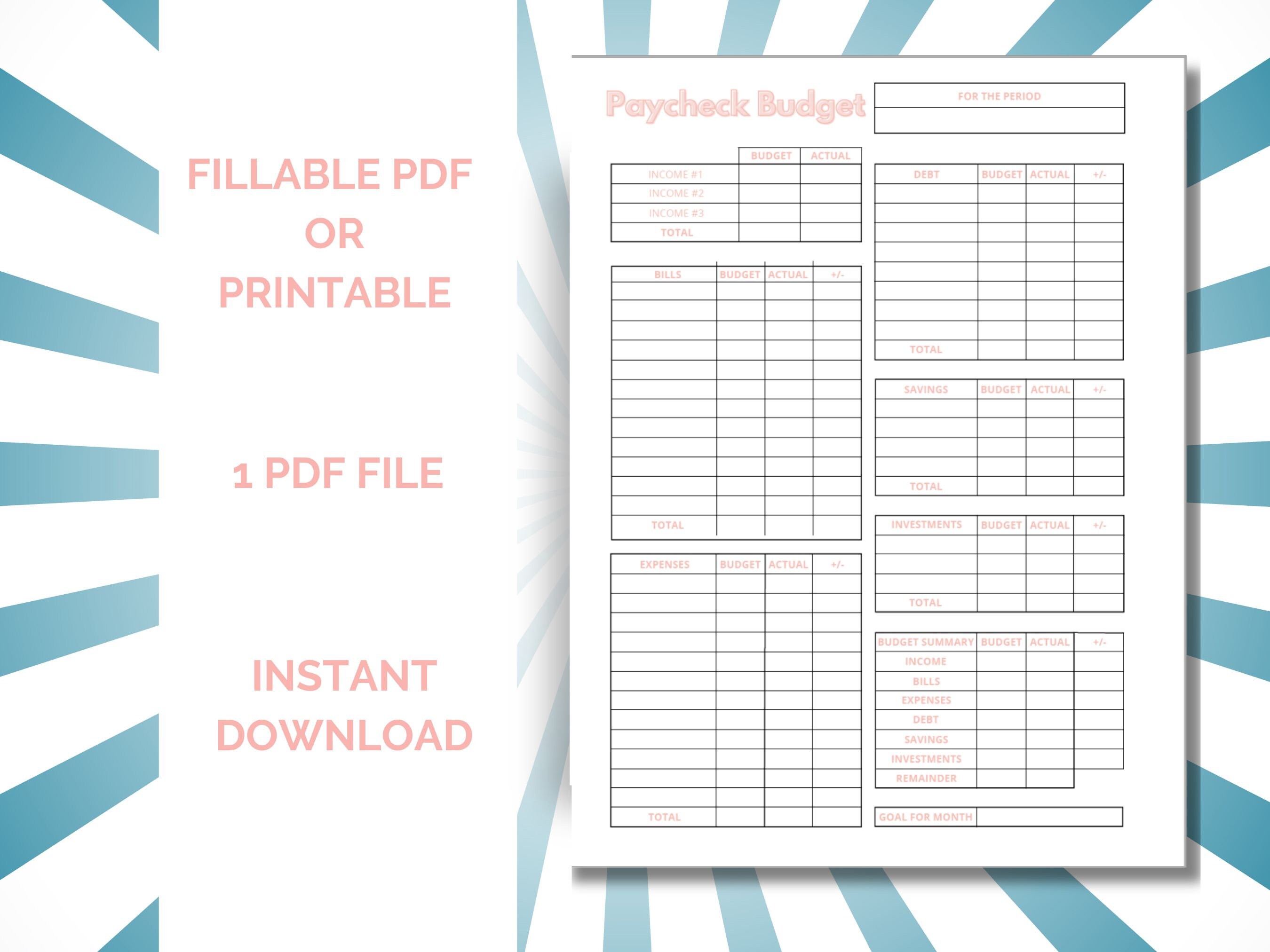 Printable Fillable Paycheck Budget Planner, Paycheck Budget Tracker ...