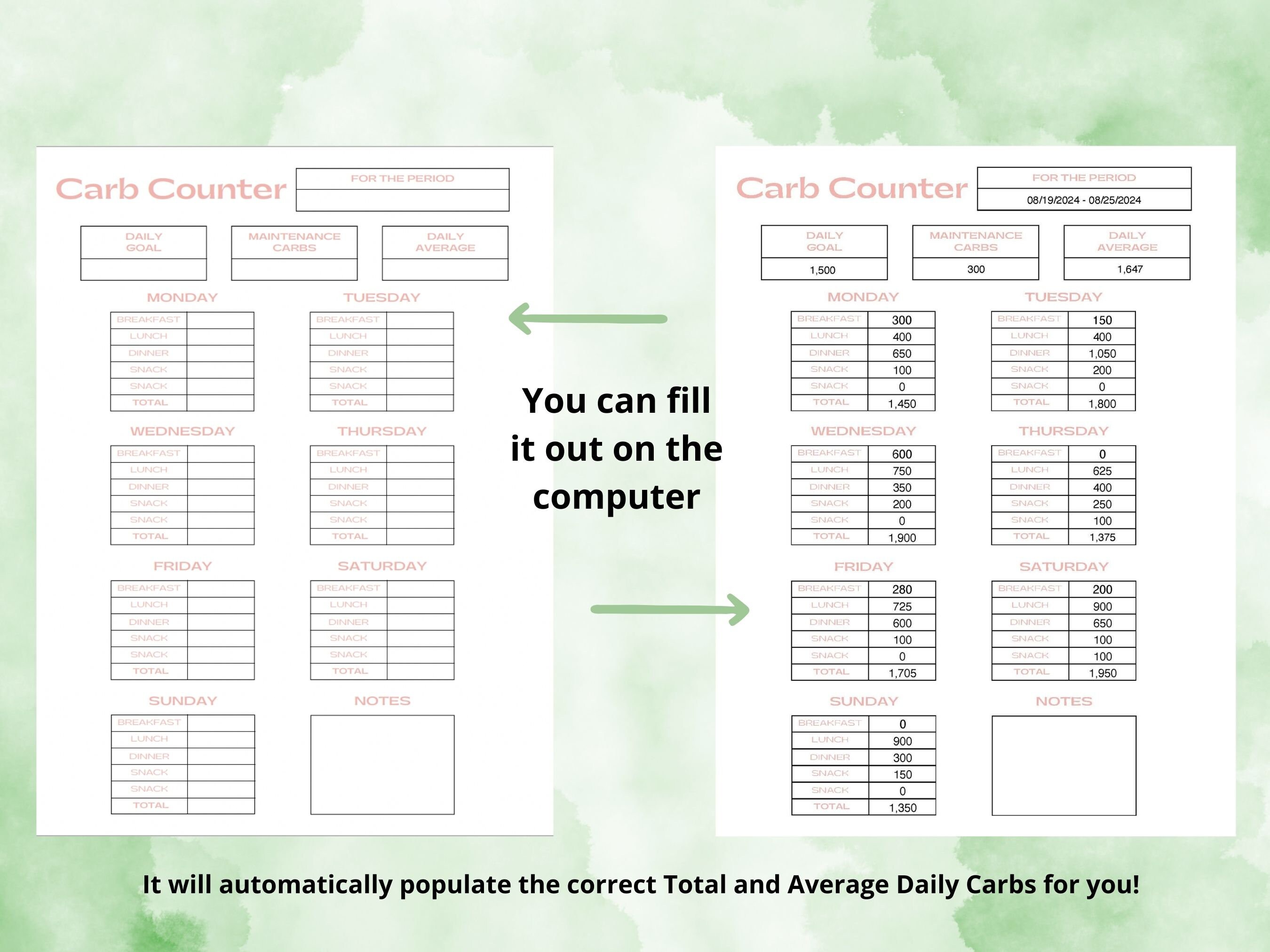Fillable and Printable Carb Counter PDF: Carbohydrate Tracker, Keto ...