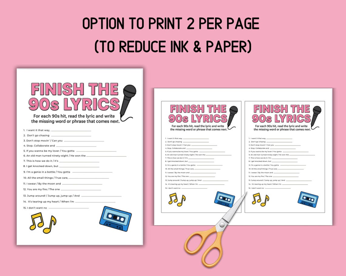 Finish the 90s Lyrics Game, Printable 90s Party Music Quiz, Retro Song ...