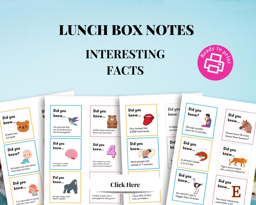 24 Interesting Facts Lunch Box Notes for Kids, Printable Educational ...