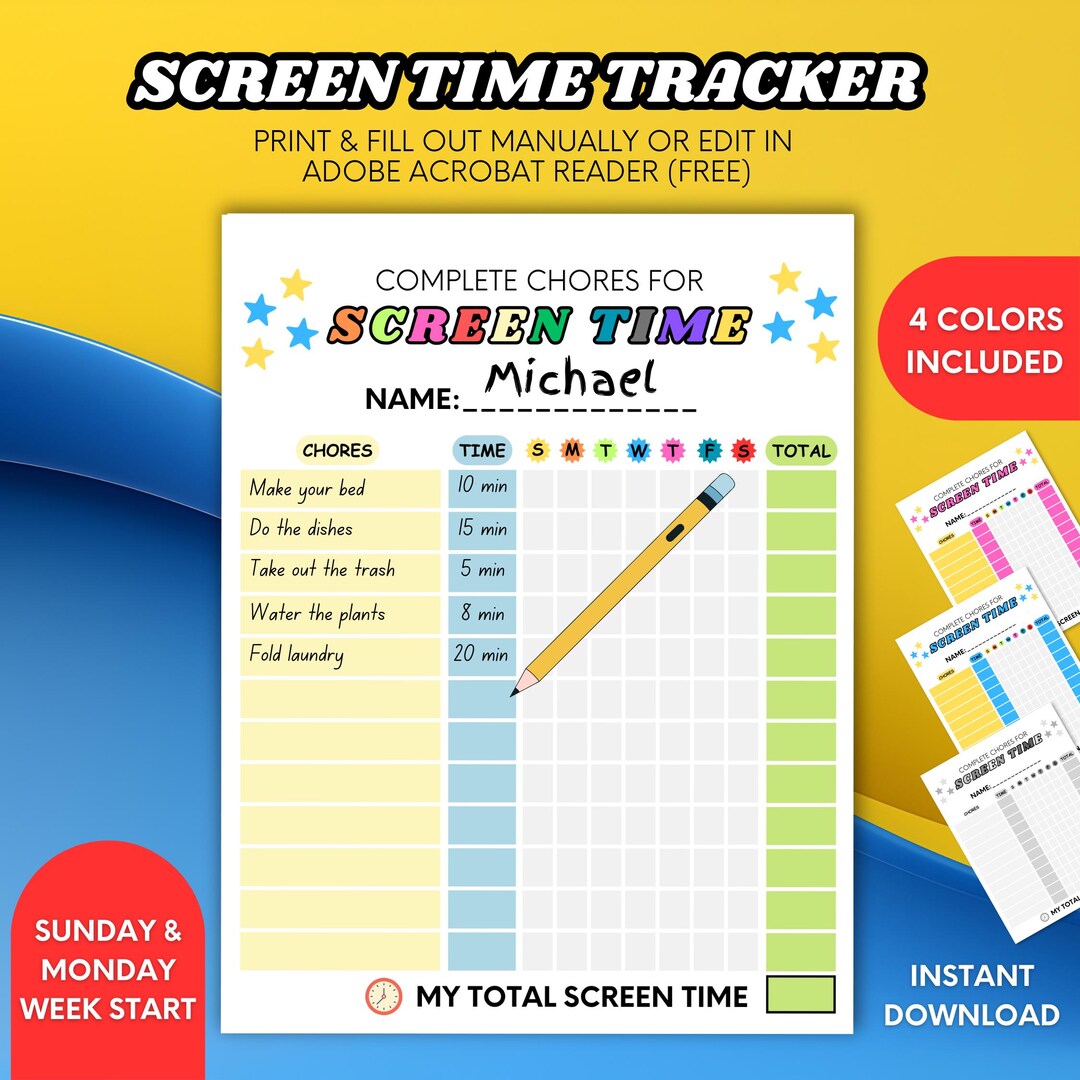 Screen Time Chart. Screen Time Tracker. Earn Screentime Checklist. Kids ...