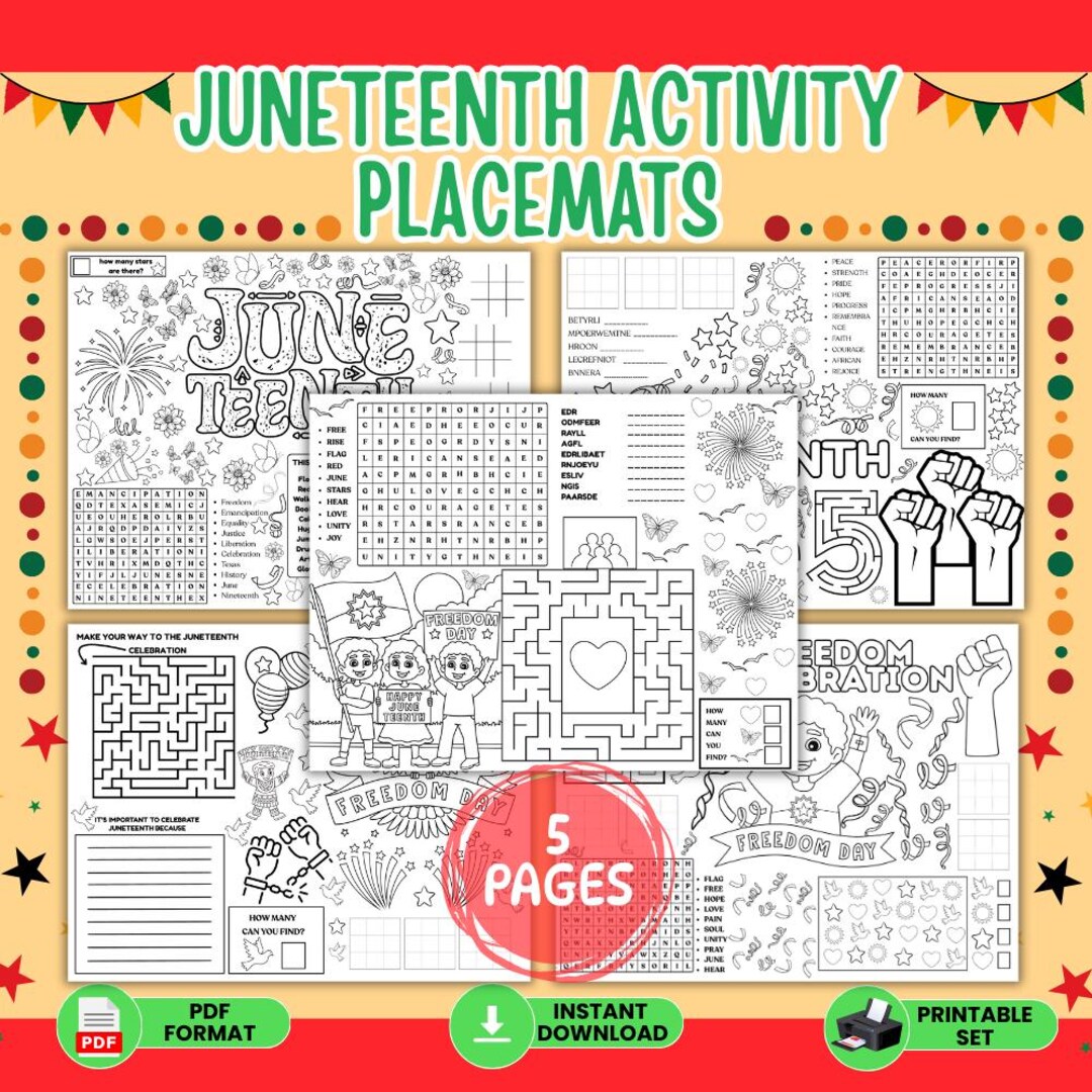 Juneteenth Activity Placemats for Kids – Printable Coloring Pages, Word ...