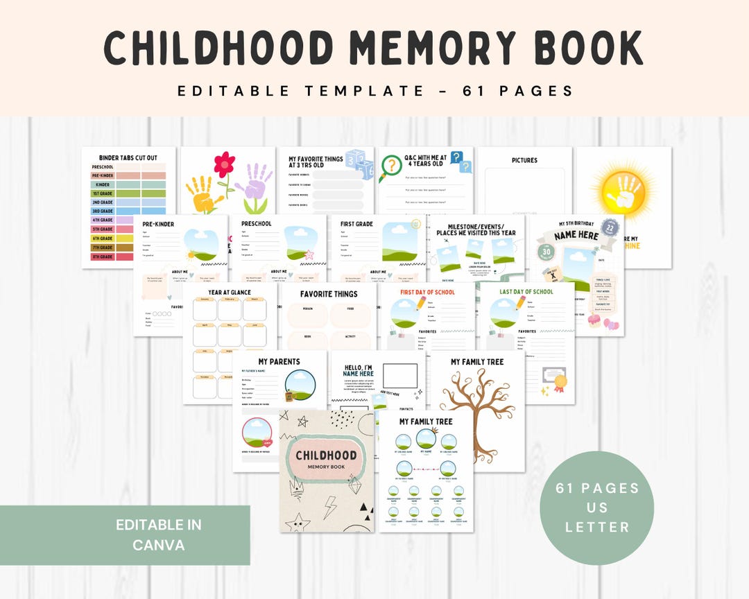 Childhood Memory Book | 61 Editable Canva Templates, Baby to Graduation ...